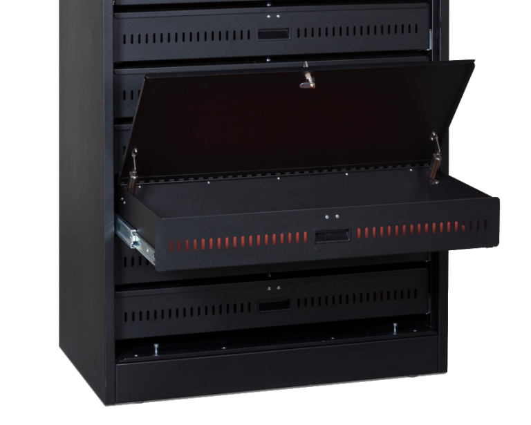 Open Low-Profile Bin Drawer In Weapon Storage Cabinet - M1 Secure Storage